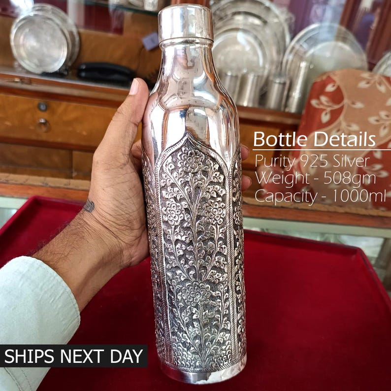 925 Pure Silver Water Bottle, Embossed Floral Design, 1 Liter - Etsy