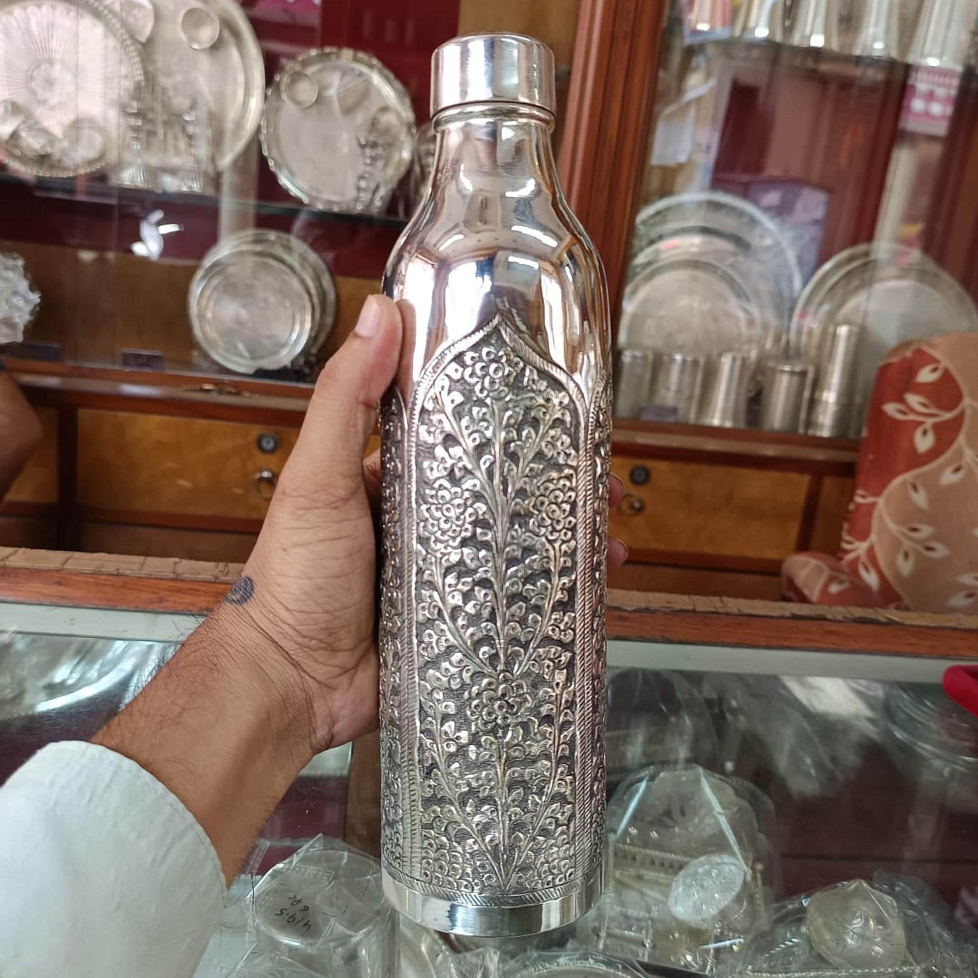 925 Pure Silver Water Bottle, Embossed Floral Design, 1 Liter - Etsy