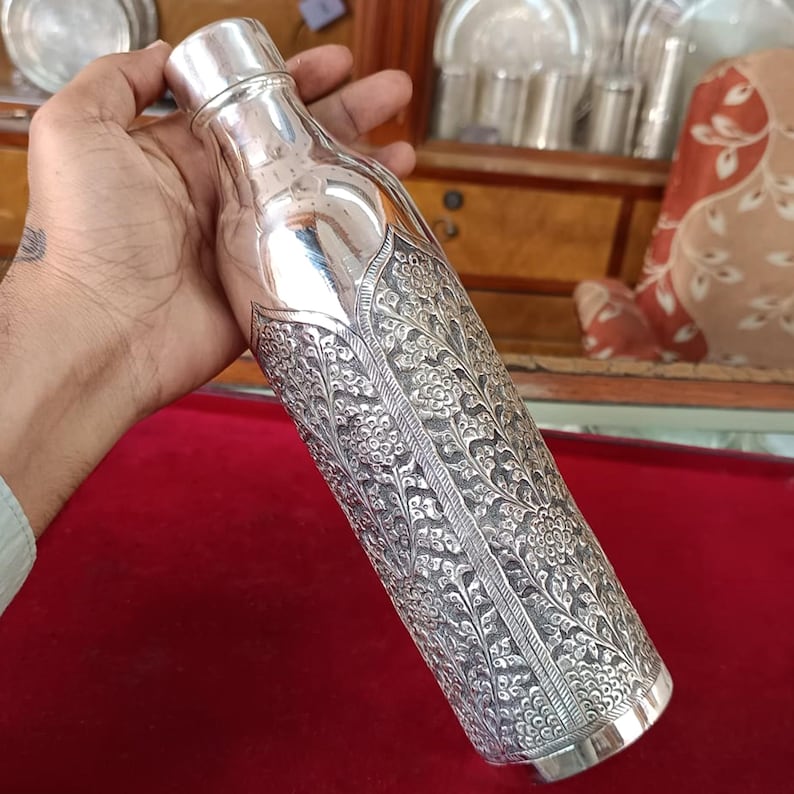 925 Pure Silver Water Bottle, Embossed Floral Design, 1 Liter - Etsy