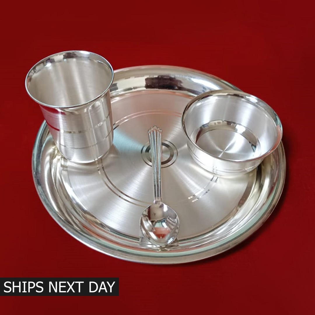 Pure Silver Baby Dinner Set, Handmade Silver Plate Bowl Glass & Spoon ...