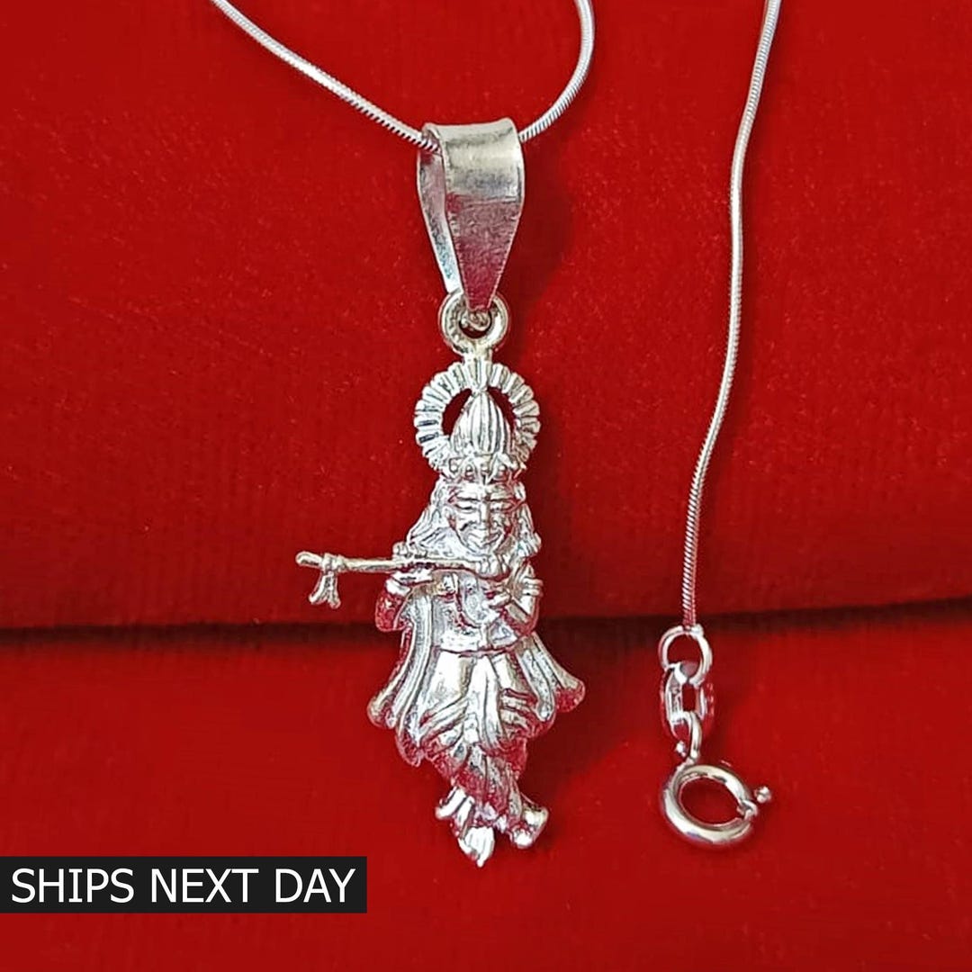 Lord Krishna Pendant Religious Necklace 925 Sterling Silver Fluting God ...