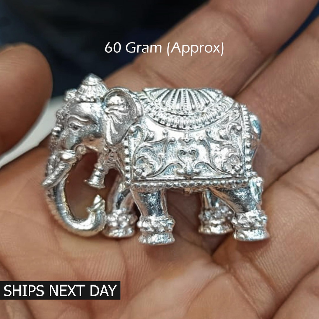 Solid Elephant 925 Sterling Silver Statue, Trunk Down Elephant, Pooja ...