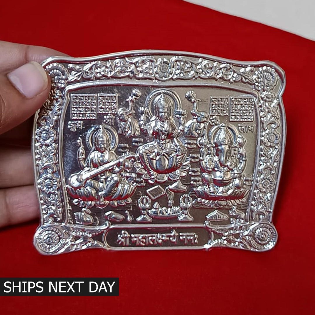 999 Pure Silver Laxmi Ganesh Saraswati Plaque, Auspicious Gift - Etsy