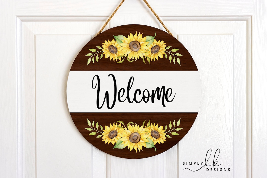 Sunflower Dark Wood Welcome, Sublimation Round Door Hanger, PNG Digital ...