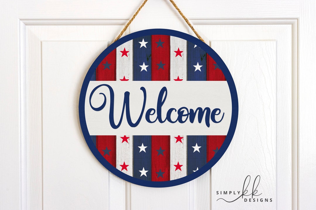 Stars and Stripes Welcome Round Door Hanger, PNG Digital Design for 12. ...