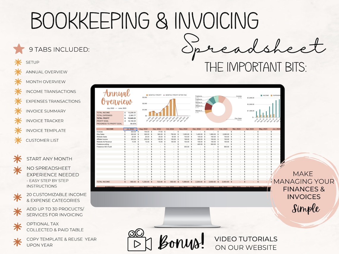 Easy Bookkeeping and Invoice Template, Small Business Bookkeeping ...