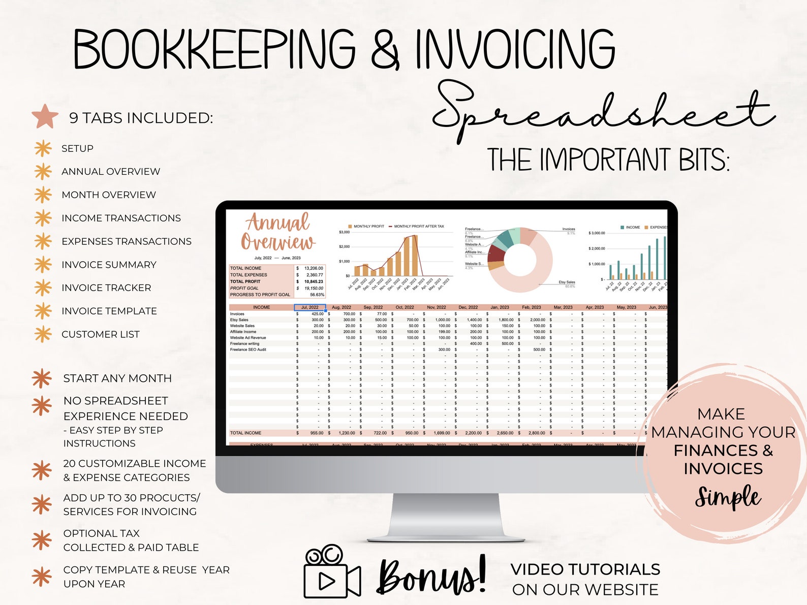 Easy Bookkeeping and Invoice Template, Small Business Bookkeeping ...
