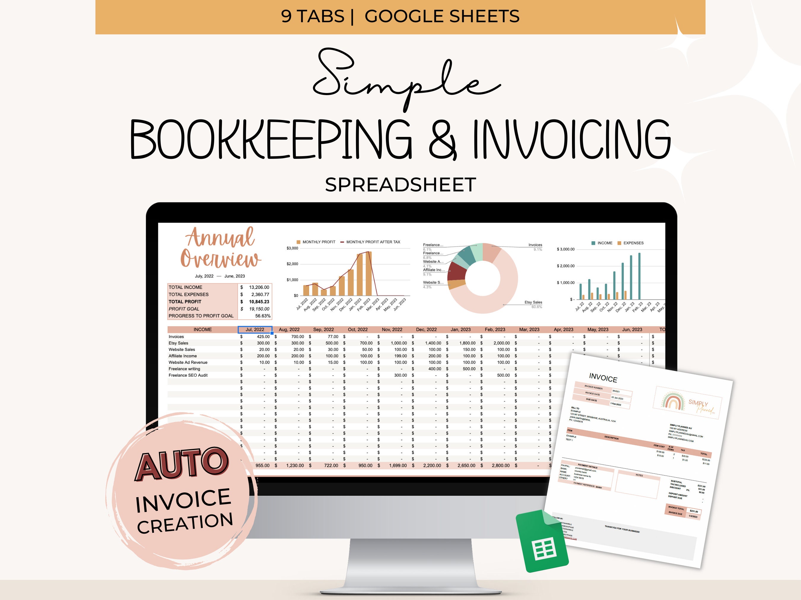 Easy Bookkeeping and Invoice Template, Small Business Bookkeeping ...