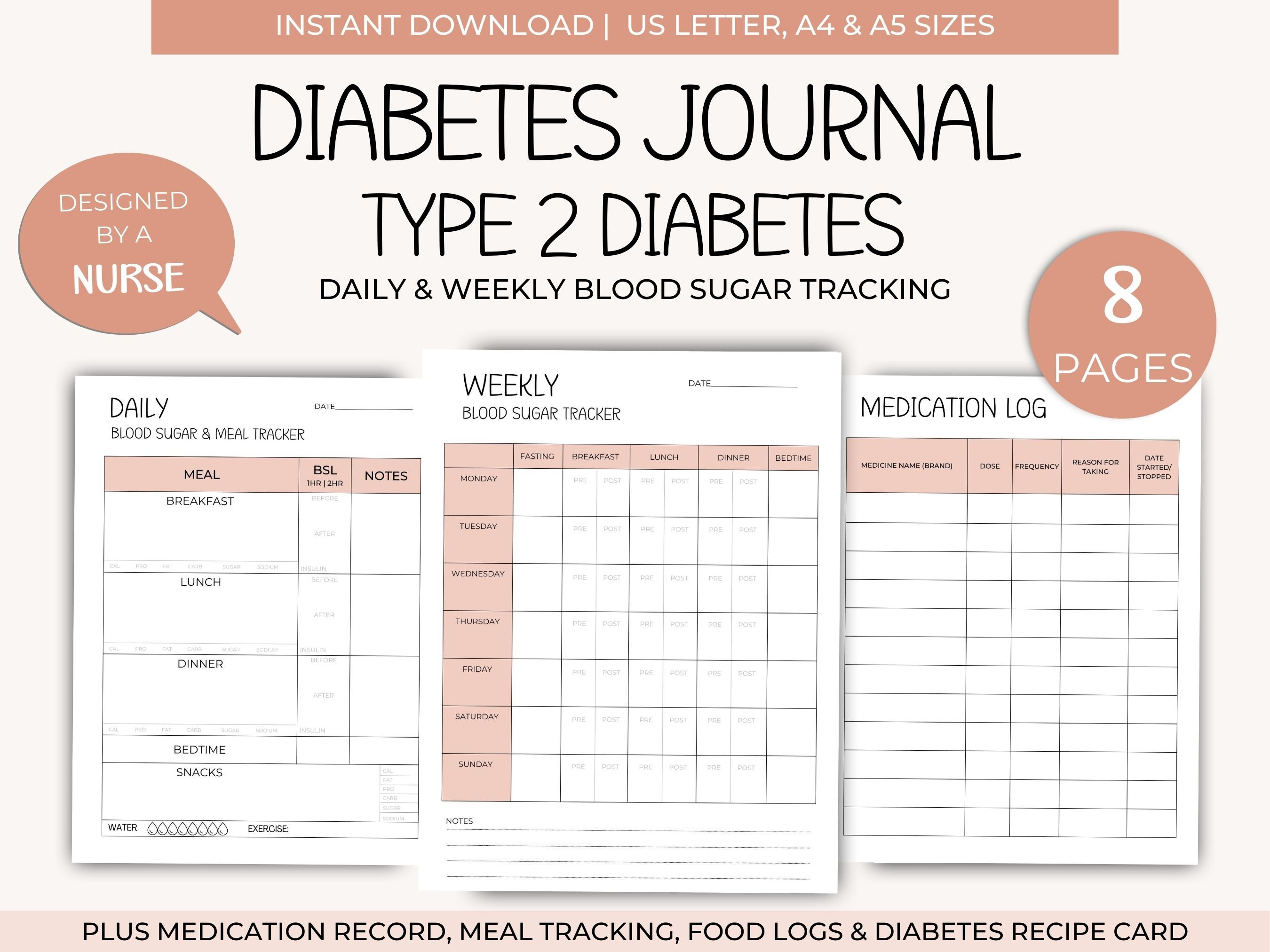 Blood Sugar Tracker | Type 2 Diabetes Journal | Printable Blood Sugar ...