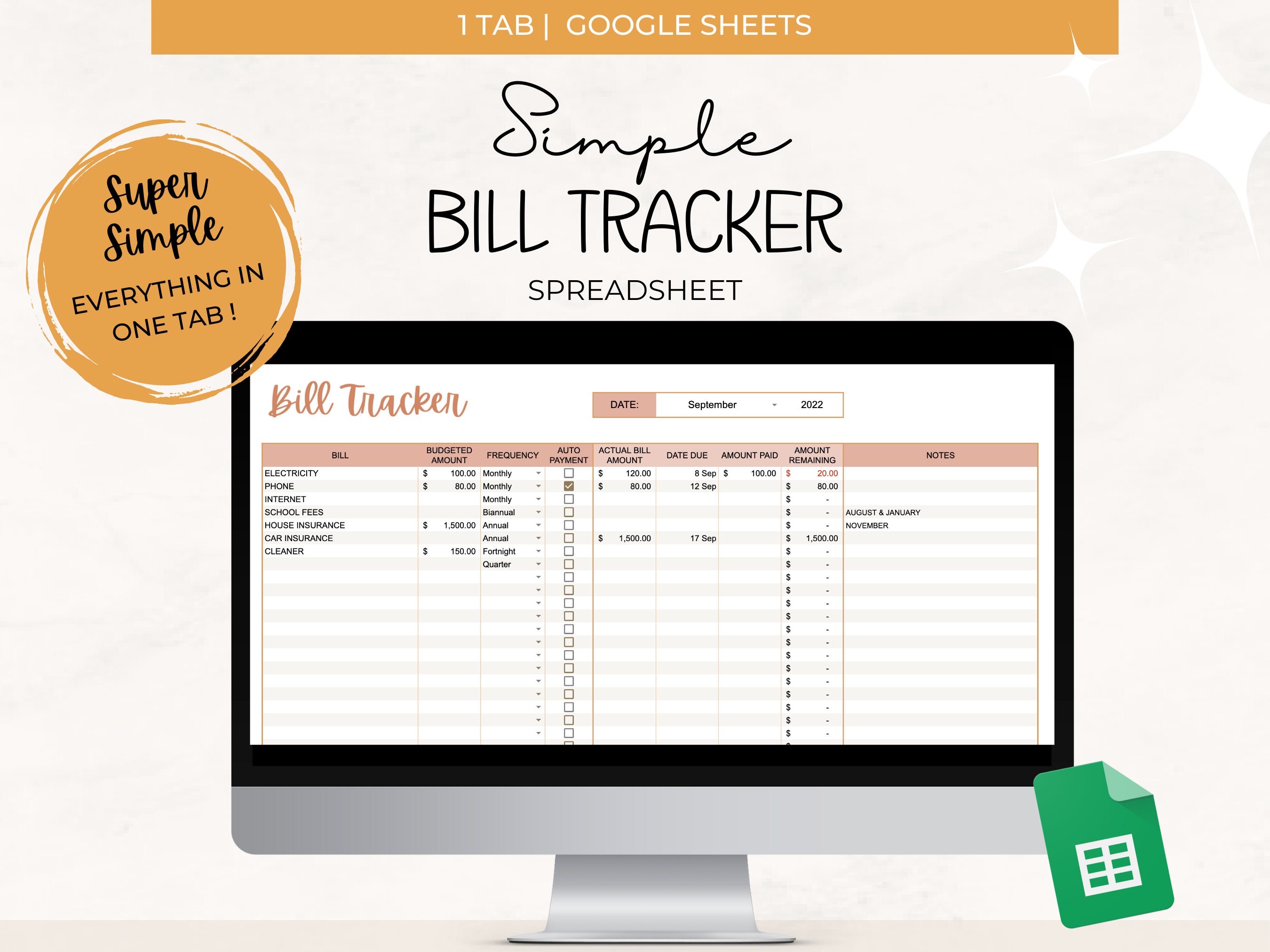 Simple Bill Tracker, Digital Bill Payment Tracker, Google Sheets ...