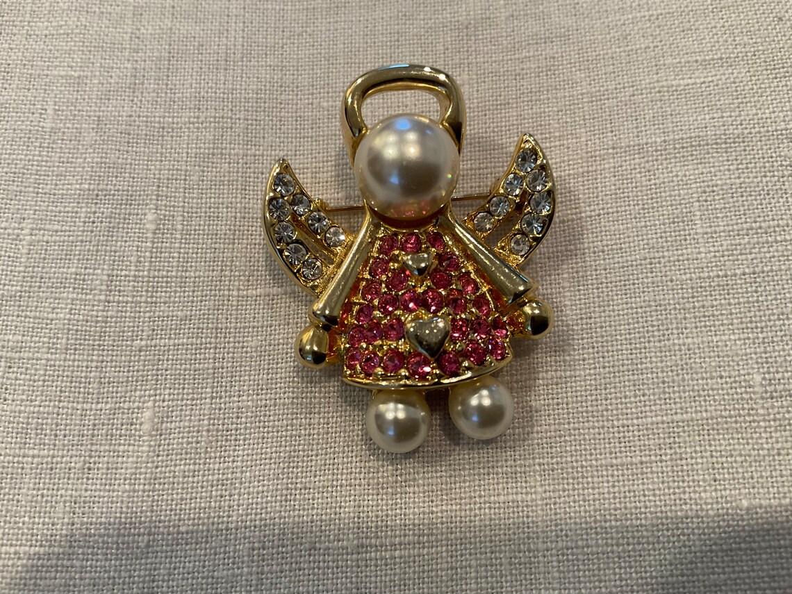 2 Vintage Brooches Teddy Bear & Angel W/ Rhinestones Faux - Etsy