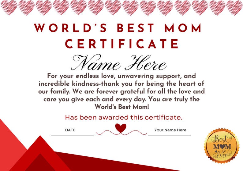 Printable Mother’s Day Certificate | World's Best Mom Award | Instant ...