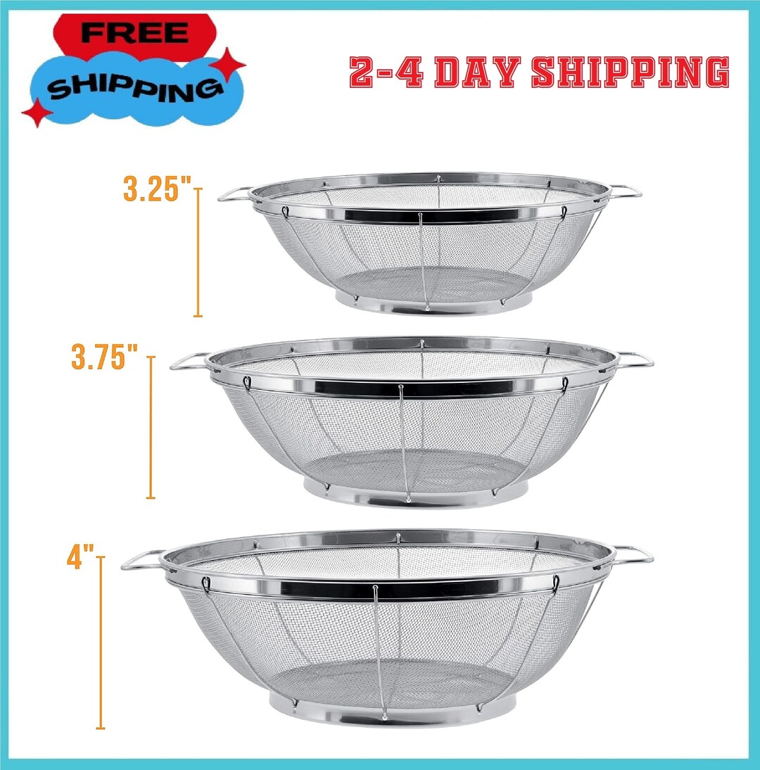3 Piece Colander Set-stainless Steel Wired Mesh Strainer Baskets With ...