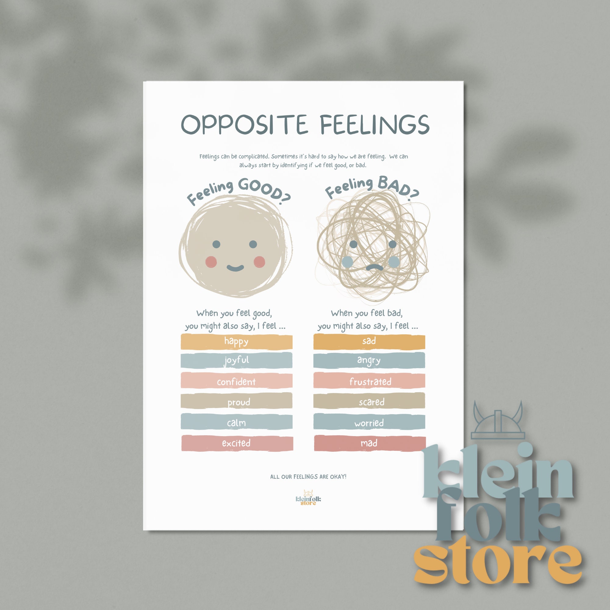 Feelings Chart Opposites, Emotions, Educational Print, Homeschool ...