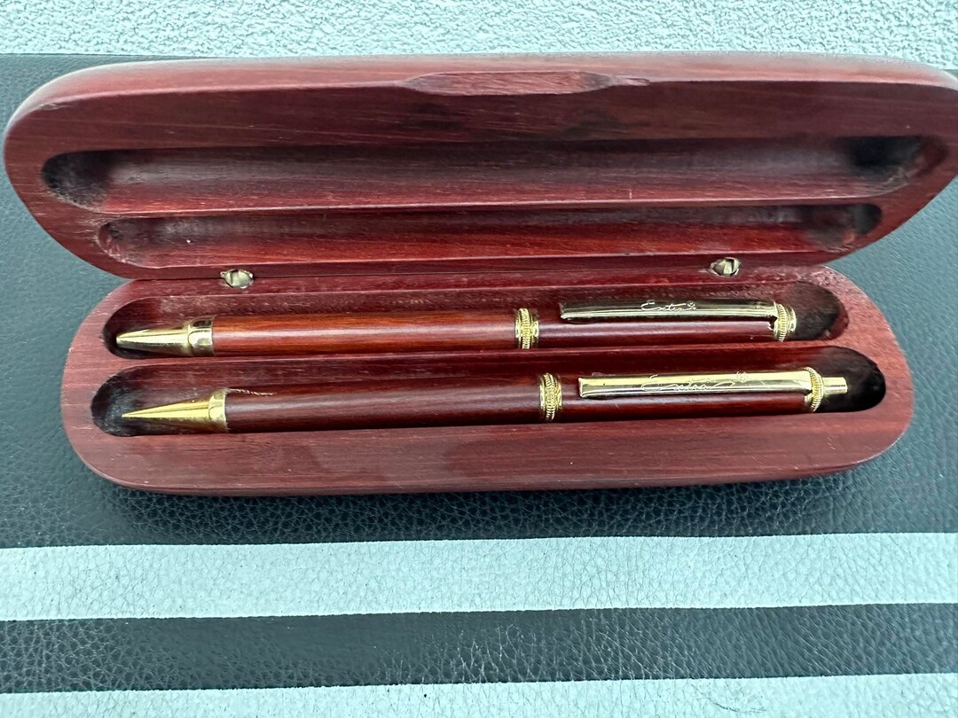 Set of 2 Vintage Wooden Ballpoint Pen Set Solid Cherry Wood Box ...