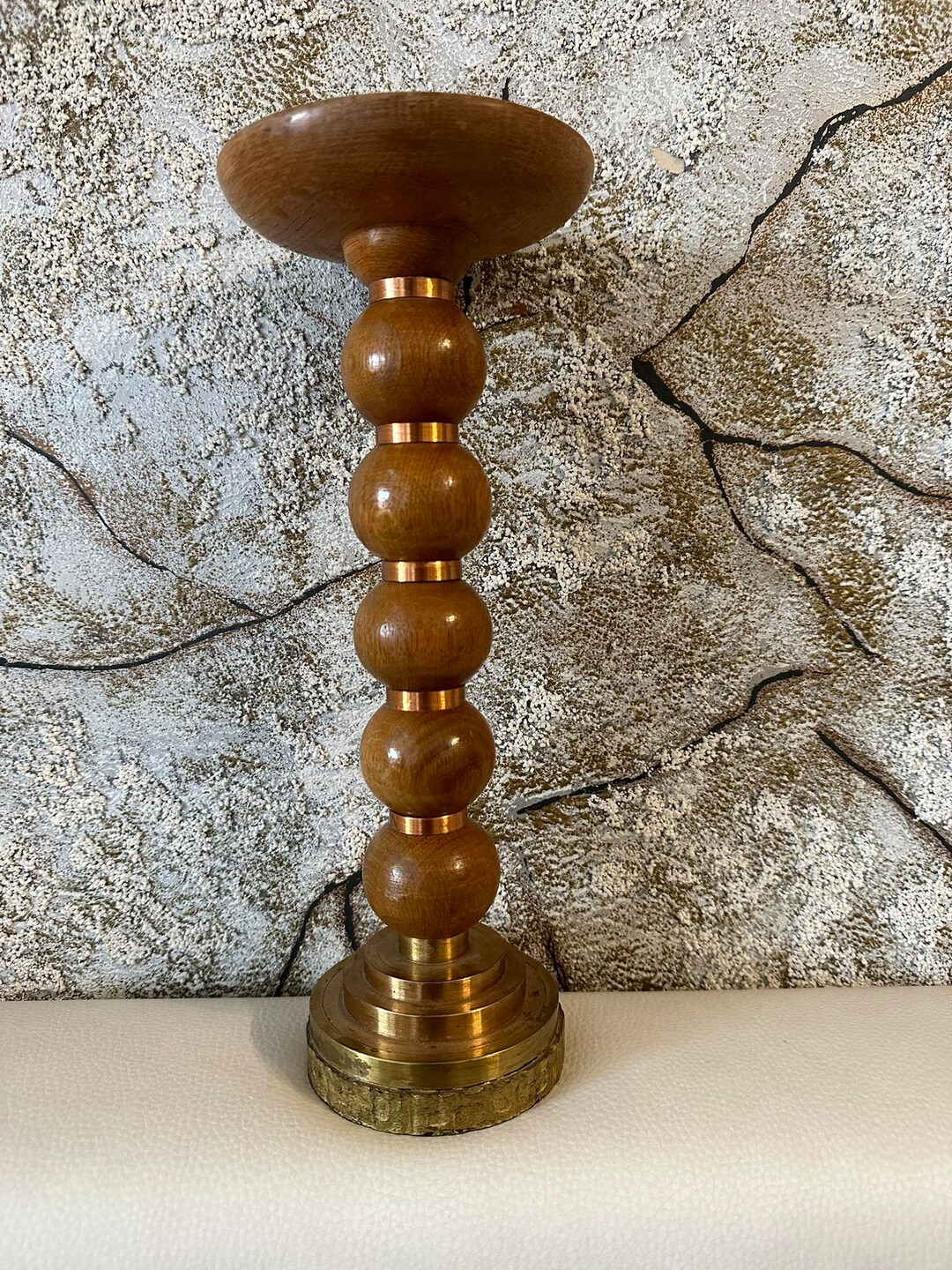 Vintage Unique Art Deco Candle Holder Wood Brass Heavy Candlestick ...