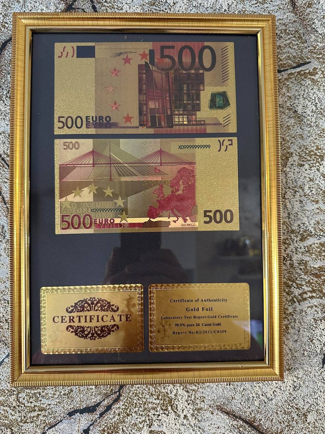 Unique Amazing 500 Euro Gold Banknote in Frame With Glass Art Deco ...