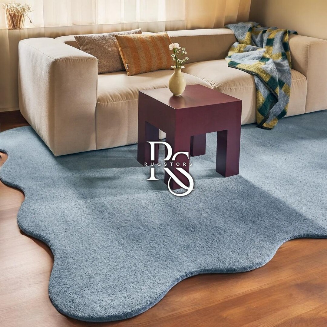 Plain Blue Scallop Rug Irregular Rug Rectangular Rug Organic Wool Rug ...