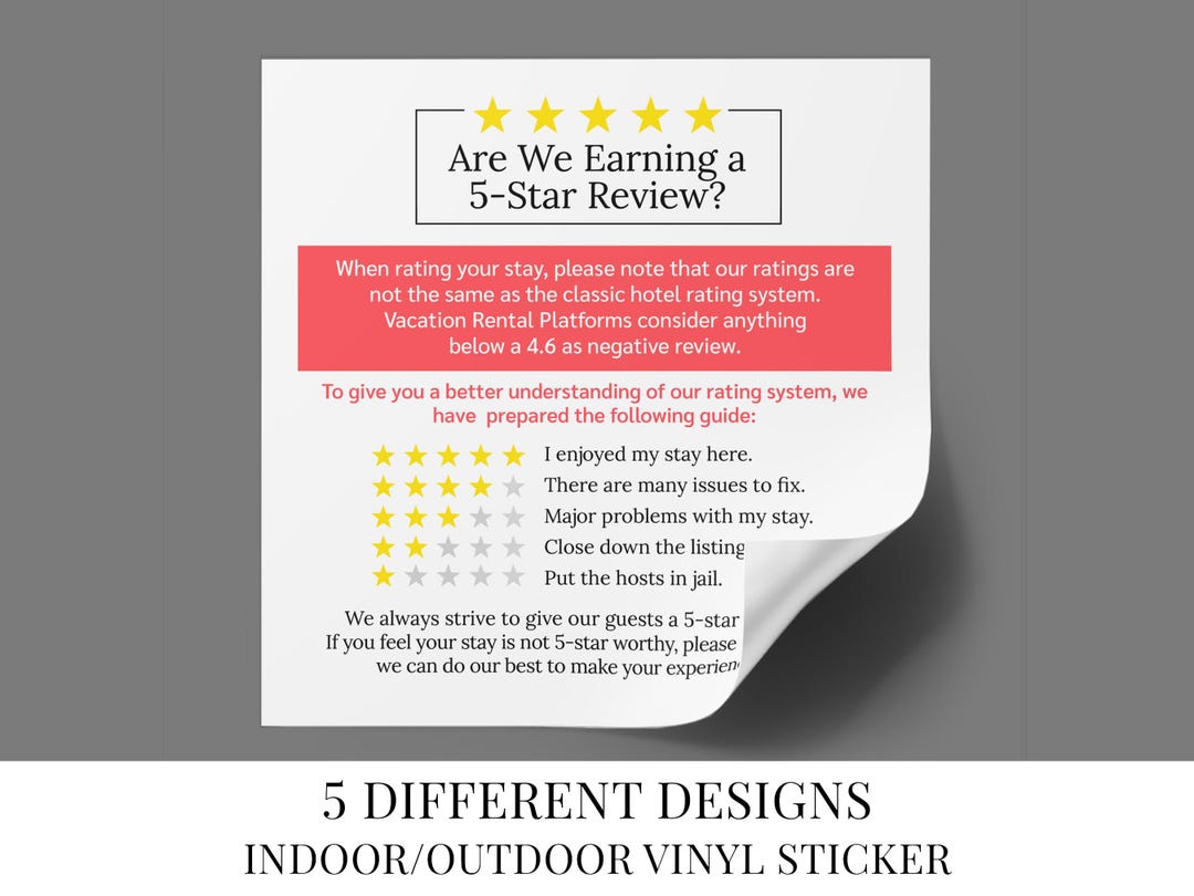 Airbnb Rating Review Sticker, 5 Star Review Sign, Vacation Home Decal ...
