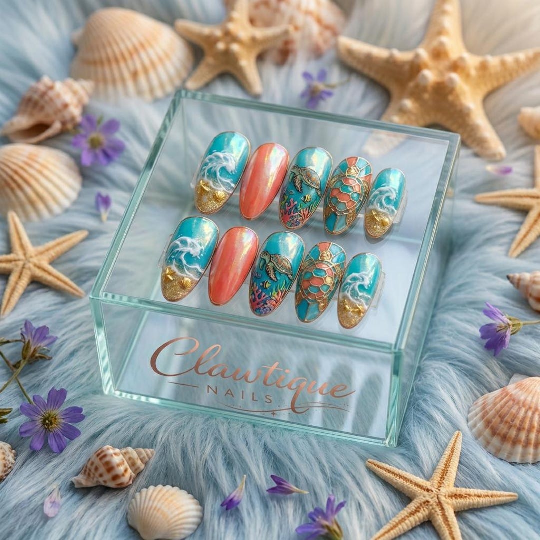 Sea Turtle Press on Nails, Ocean Wave Design, Handmade Summer Set - Etsy