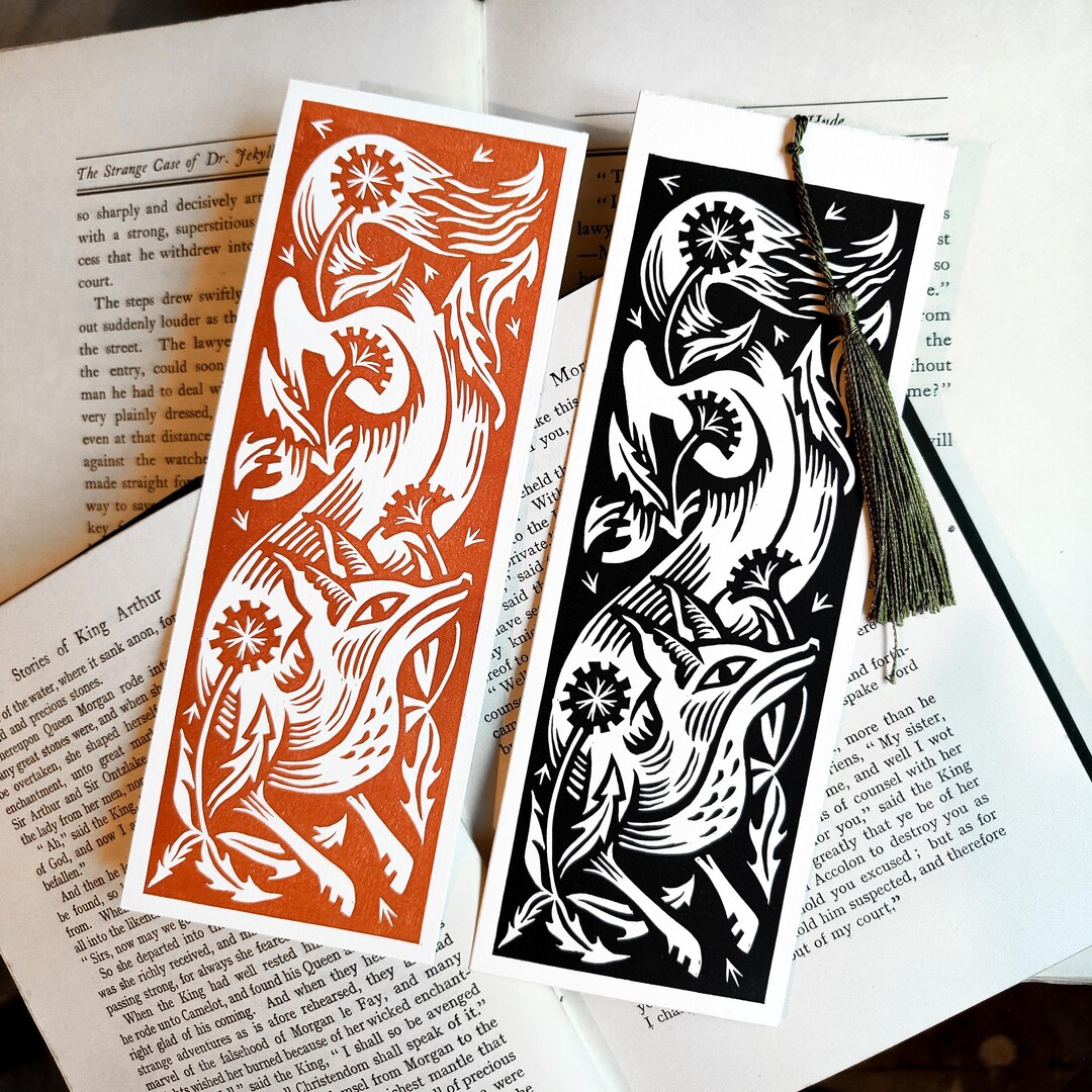 Fox Lino Print Bookmark the Frolicking Fox, Original Handmade Folk Art ...