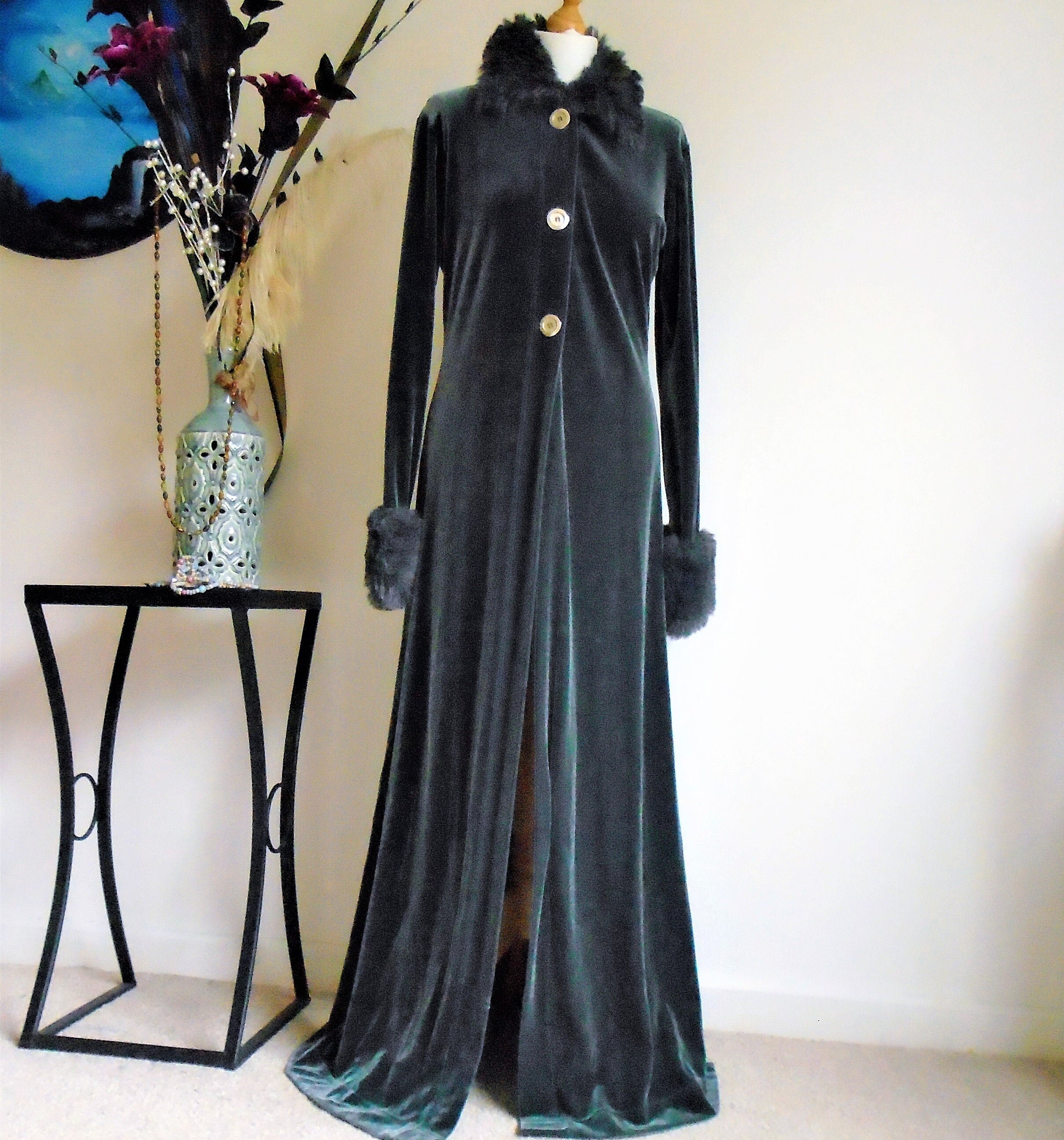 GOTHIC Heroine Dark Grey Velvet Long Robe Gown Coat Vampire Ball UK 12 ...