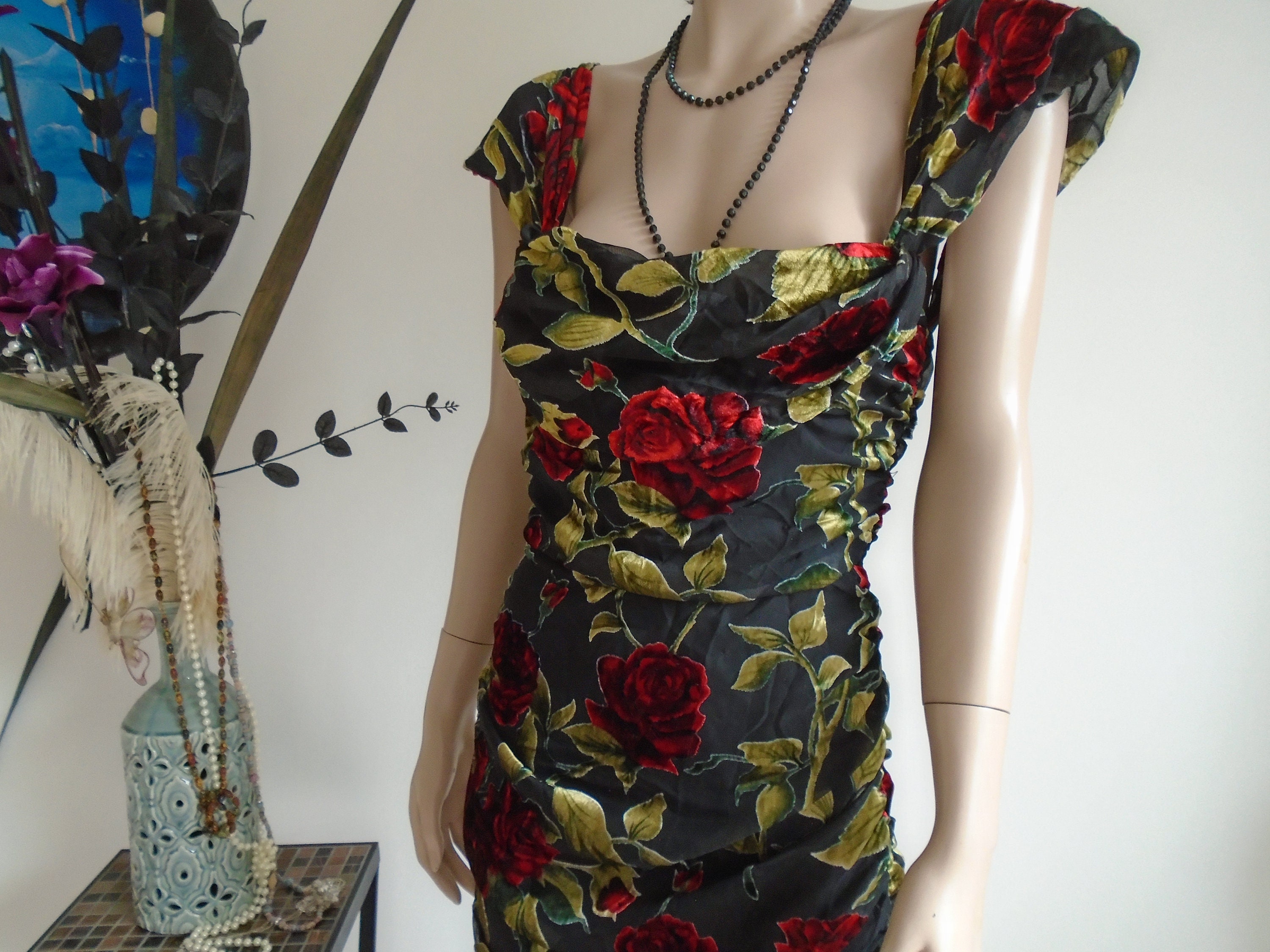 Gothic Rose Devore Velvet Dress SLINKY Sexy 50's Vamp Uk 6 Petite - Etsy