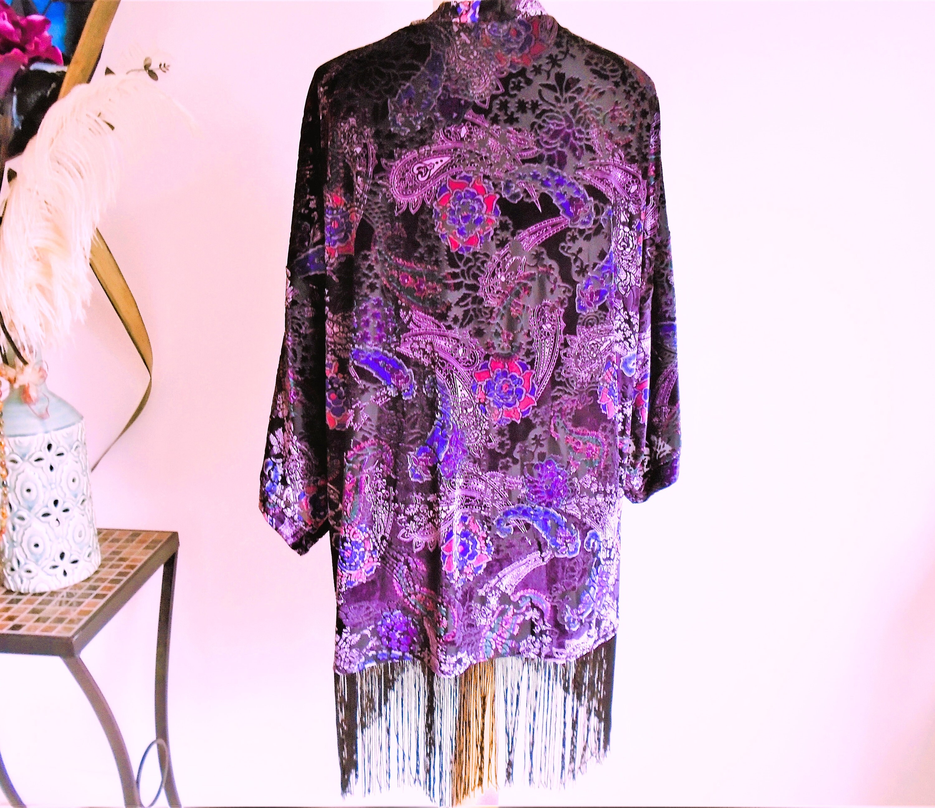 Gothic Black Purple Shimmer Devore Velvet Fringe Kimono Wedding Jacket ...