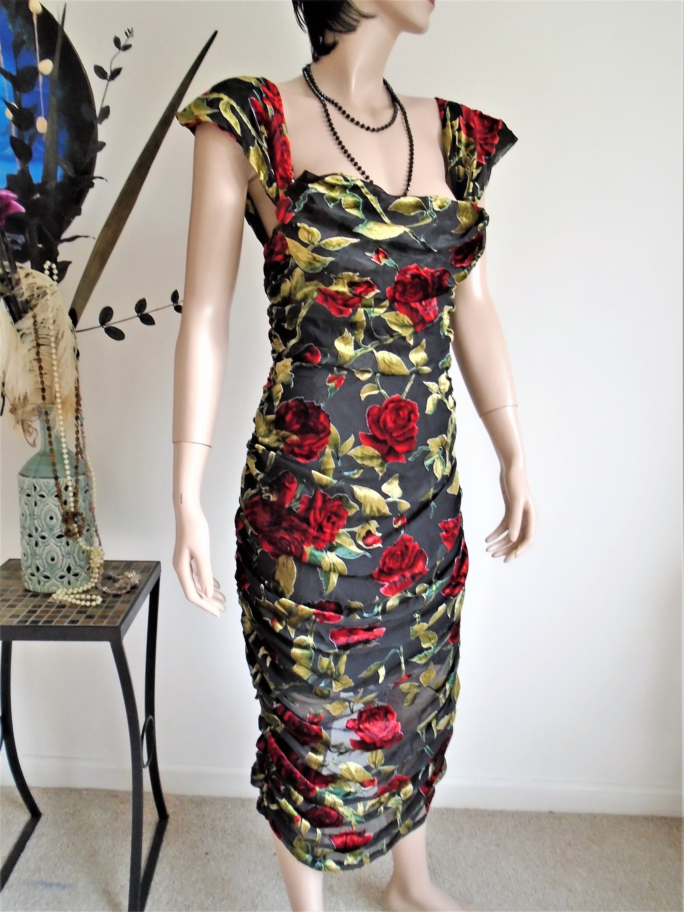 Gothic Rose Devore Velvet Dress SLINKY Sexy 50's Vamp Uk 6 Petite - Etsy