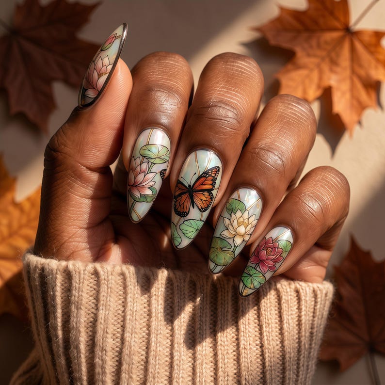 Lotus Butterfly Press on Nails | Stained Glass Water Lily Nails ...