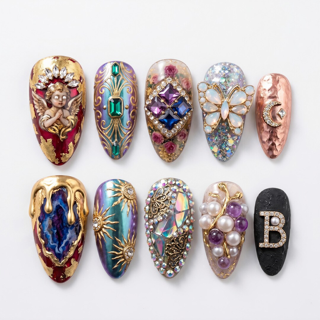 Luxury Angel Press on Nails | Gemstone Butterfly Nails | Pearl Baroque ...