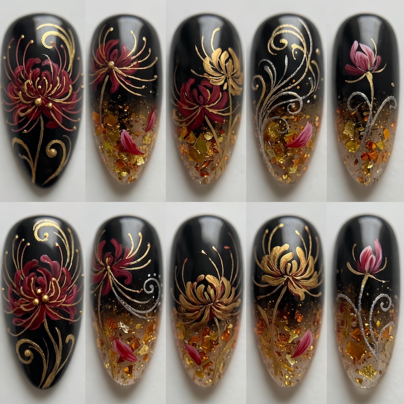 Black Gold Chrysanthemum Press on Nails | Red Floral Almond Nails ...