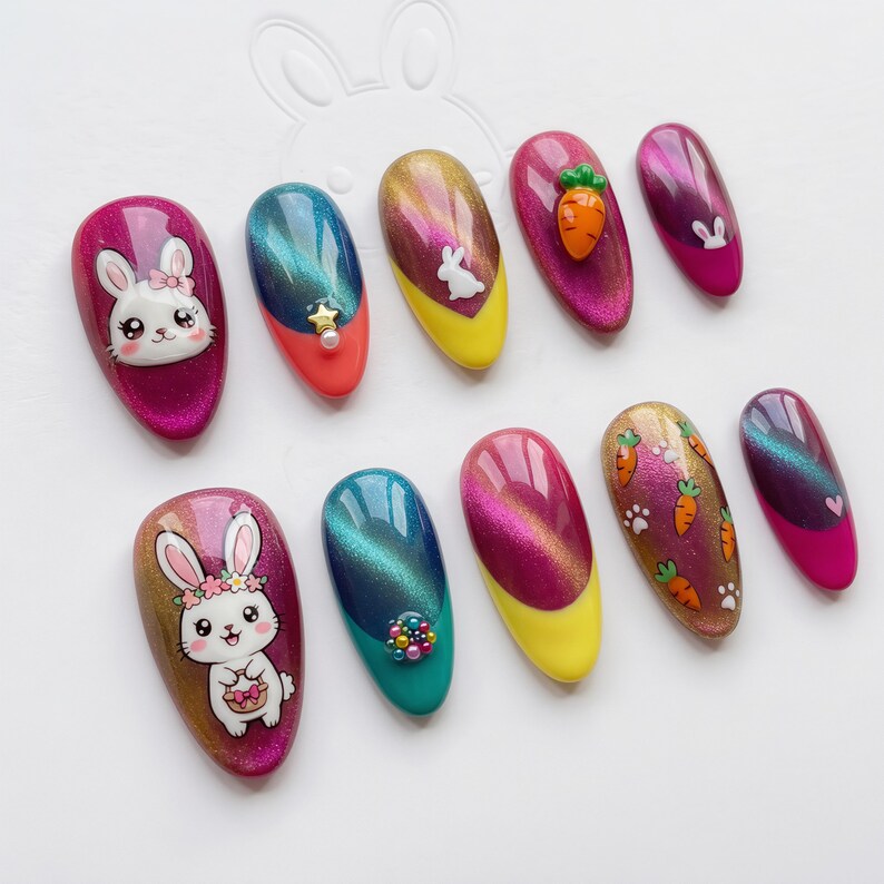 Cute Bunny Press on Nails | Rainbow Cat Eye Nails | Carrot Easter ...