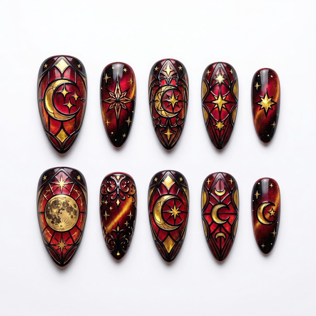 Red Celestial Press on Nails | Gothic Moon Star Nails | Stained Glass ...
