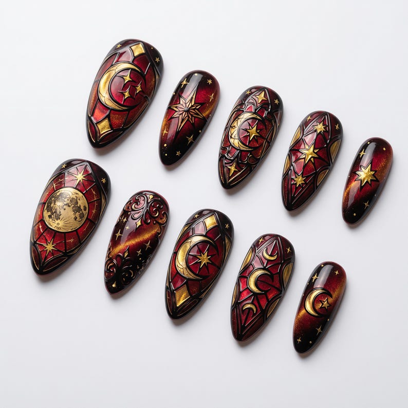 Red Celestial Press on Nails | Gothic Moon Star Nails | Stained Glass ...