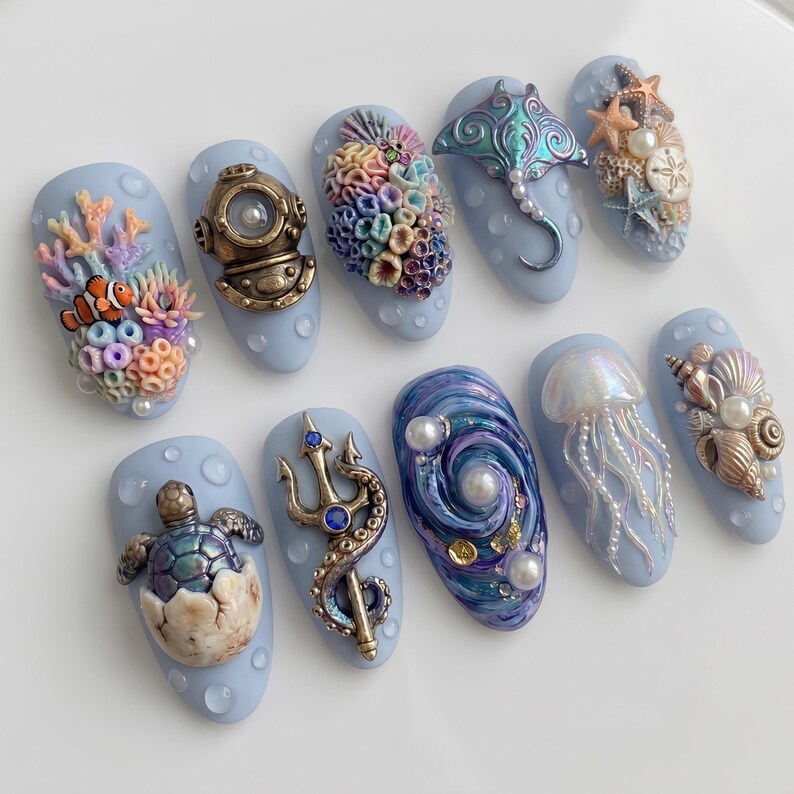 Ocean Sea Life Press on Nails | 3D Coral Turtle Jellyfish Nails ...