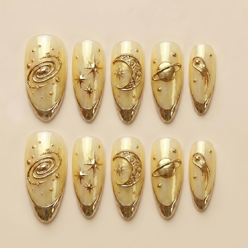 Gold Celestial Press on Nails | Moon Star Galaxy Nails | Champagne ...