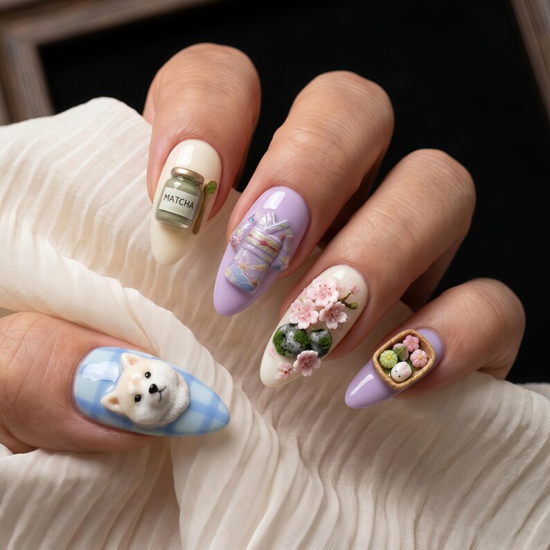 Kawaii Matcha Press on Nails | Sakura Japanese Dessert Nails | 3D Ice ...