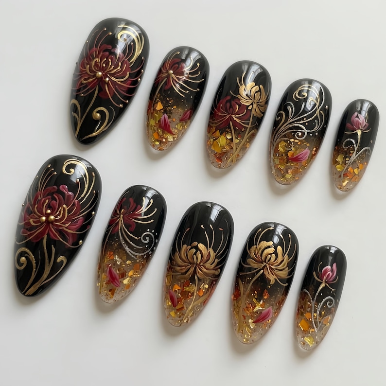 Black Gold Chrysanthemum Press on Nails | Red Floral Almond Nails ...