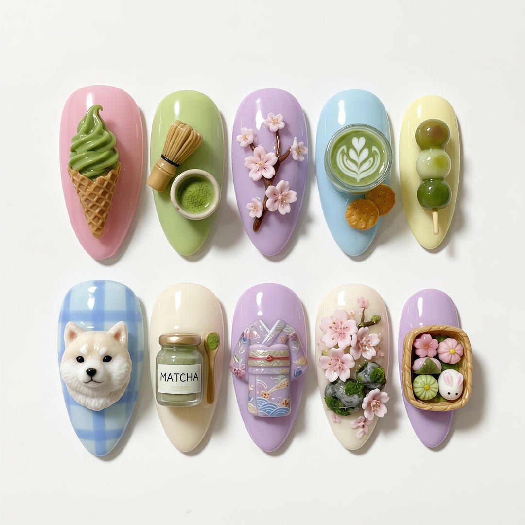 Kawaii Matcha Press on Nails | Sakura Japanese Dessert Nails | 3D Ice ...
