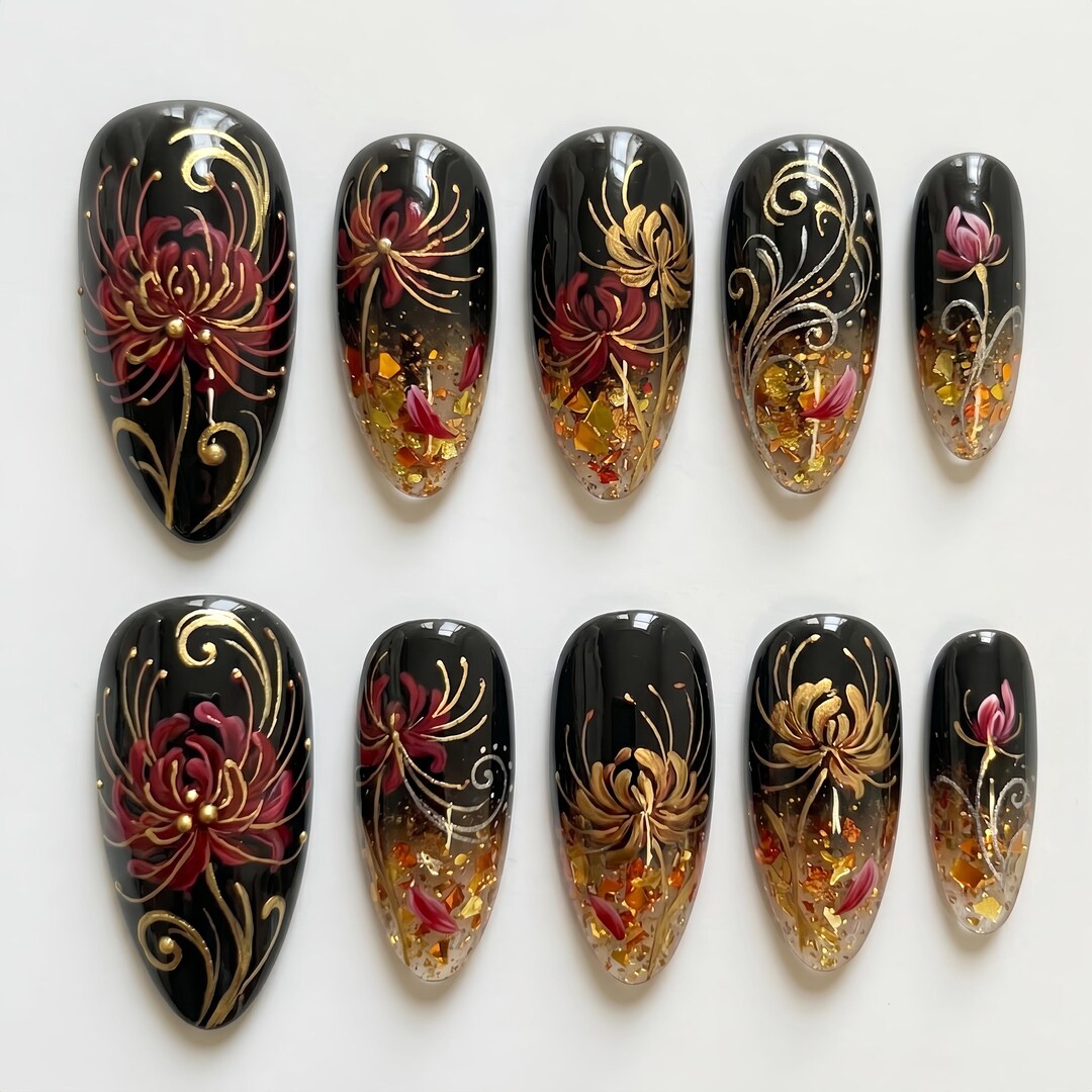 Black Gold Chrysanthemum Press on Nails | Red Floral Almond Nails ...