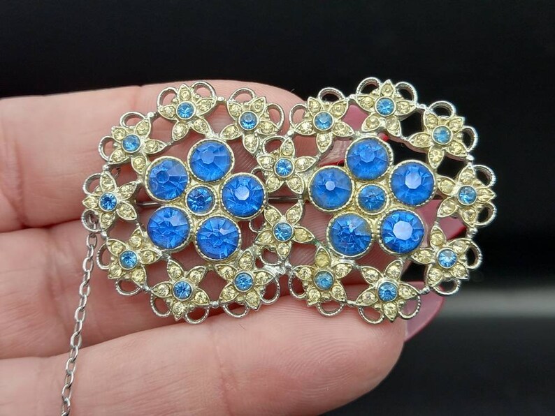 Antique 1930s Art Deco Blue Clear Sparkle Brooch Safety Chain Double ...