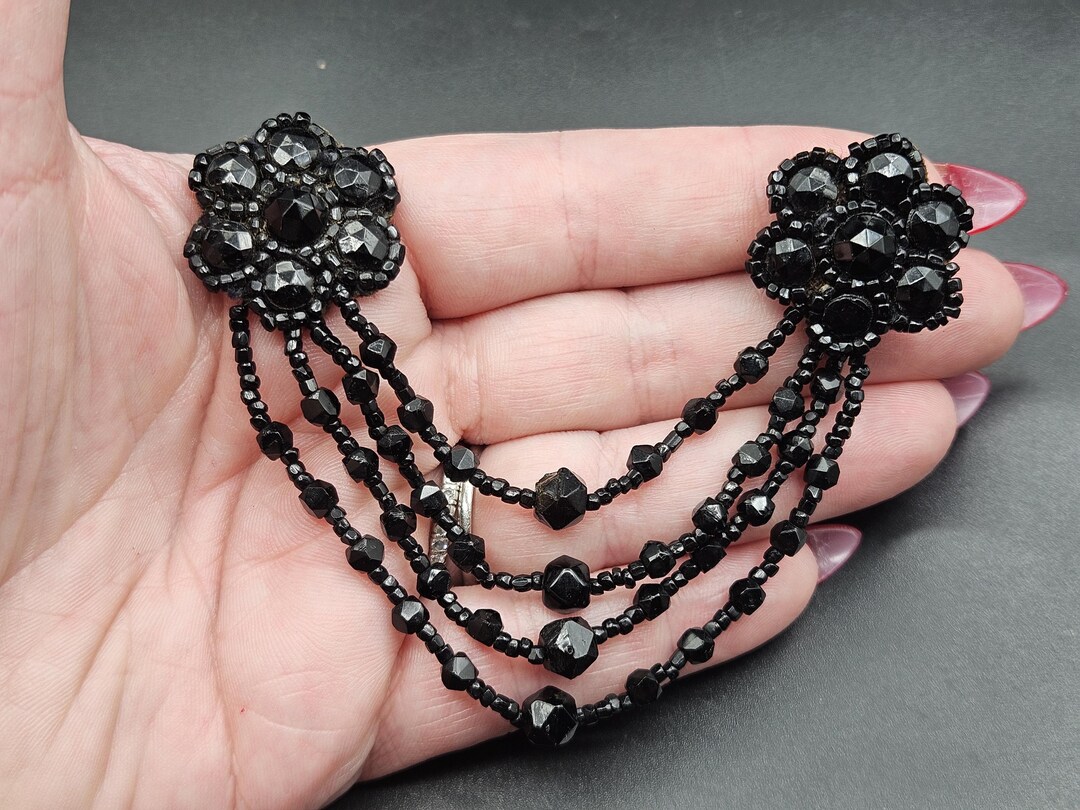 Antique Victorian Black French Jet Faceted Glass Bead Beaded Mourning ...