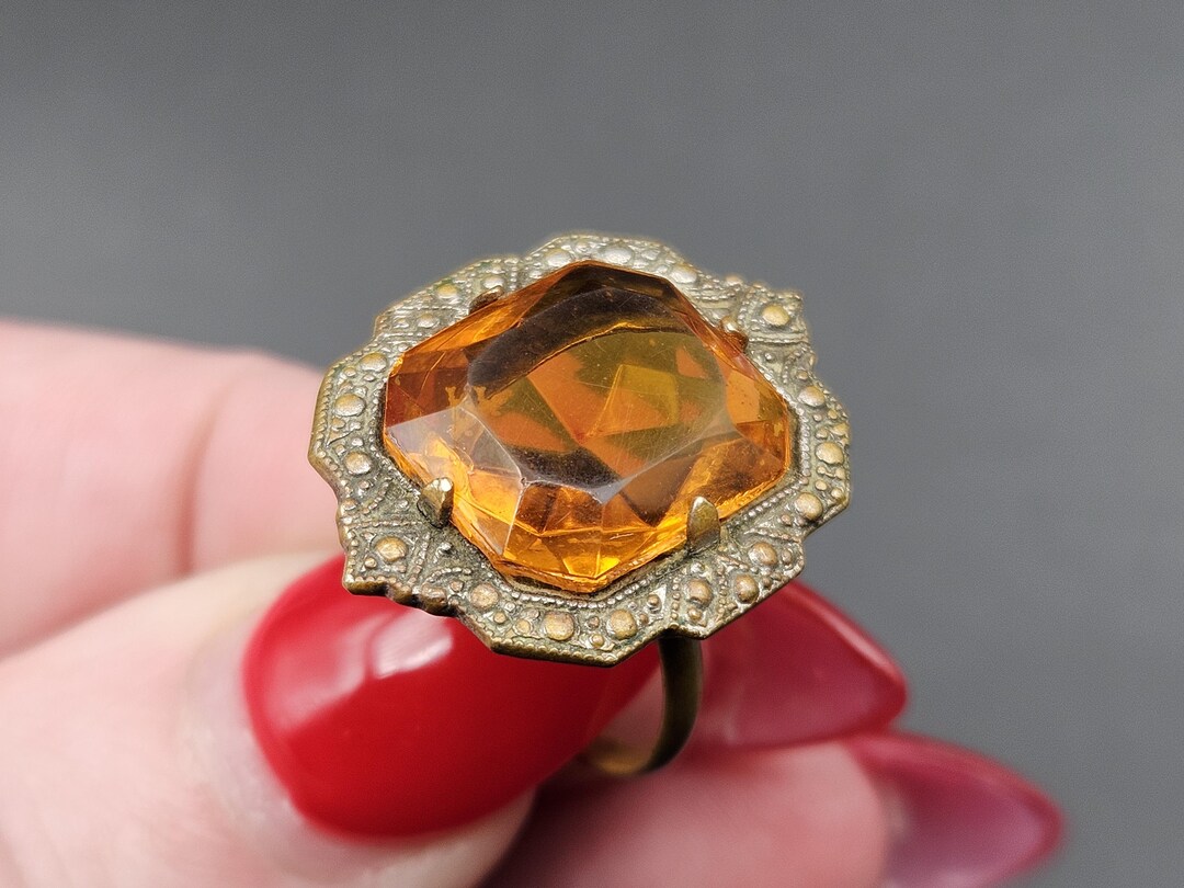 Antique French Early Edwardian Paste Ornate Solitaire Ring Large Orange ...