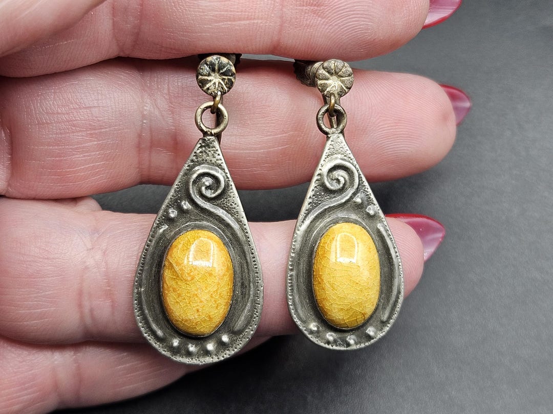 Antique 1930s Arts & Crafts Revival Drop Earrings Yellow Glass Cabochon ...