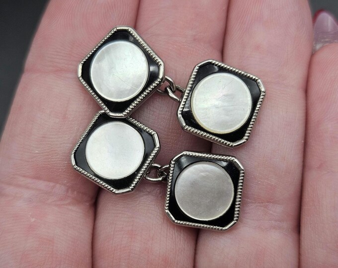Antique 1930s Art Deco Mother of Pearl & Onyx Double Ended Chain Linked ...
