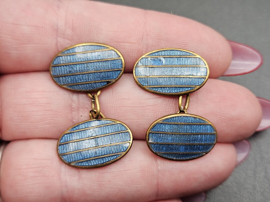 Antique Edwardian to 1930s Art Deco Blue Guilloche Enamel Striped ...