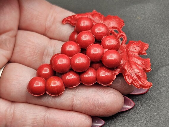 Antique 1930s Red Celluloid Grapes Brooch - Gem