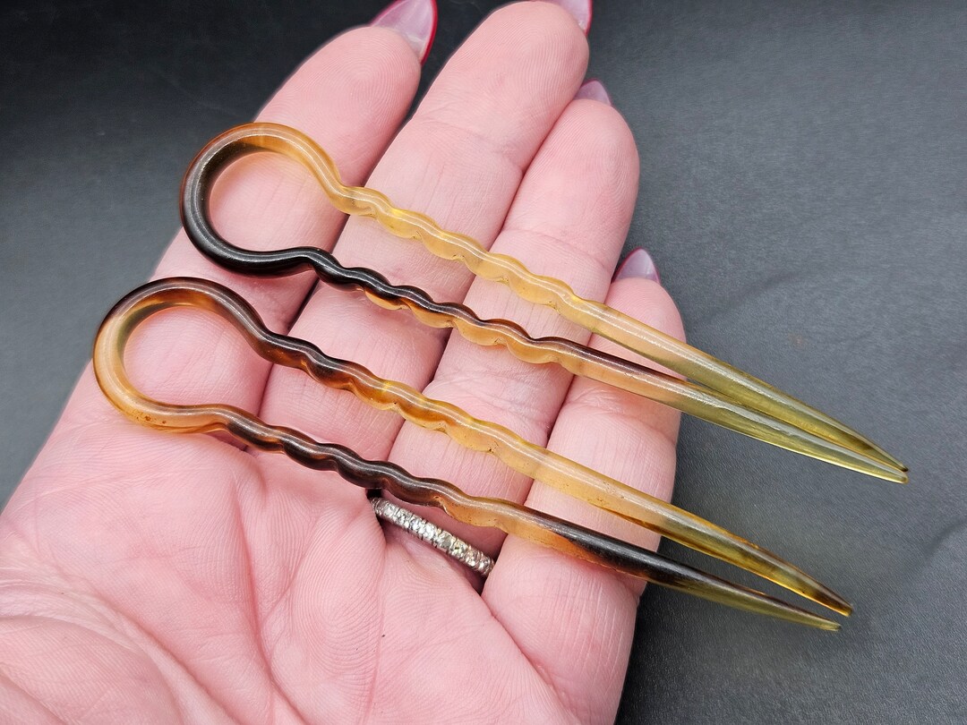Antique 1930s Pair of Twisted Chignon Bun Pins Torty Celluloid Hairpins ...