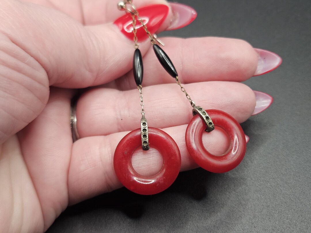 Antique 1930s Art Deco Red Celluloid Circle Drop Earrings - Etsy